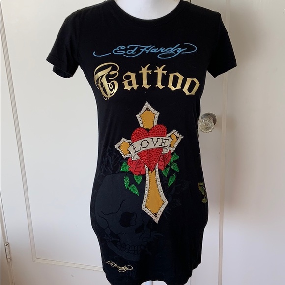 Ed Hardy | Tops | Ed Hardy Rhinestone Long T Shirt | Poshmark